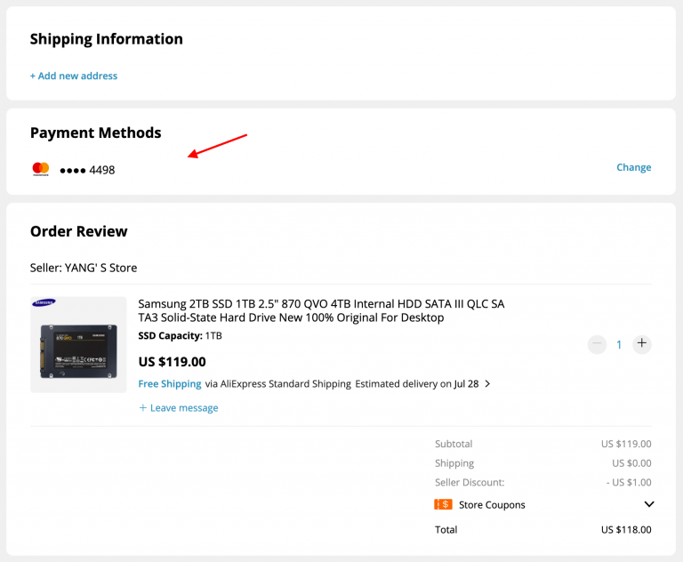 How to Add or Remove or Change a Card on AliExpress
