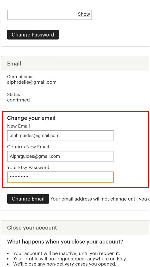 How to Change your Email Address on Etsy