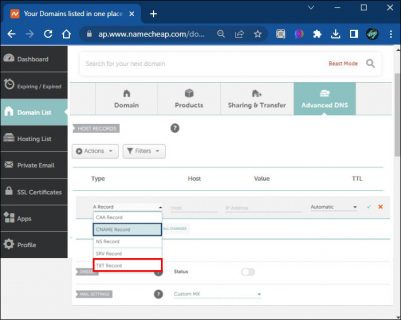 How to Add a TXT Record in Namecheap