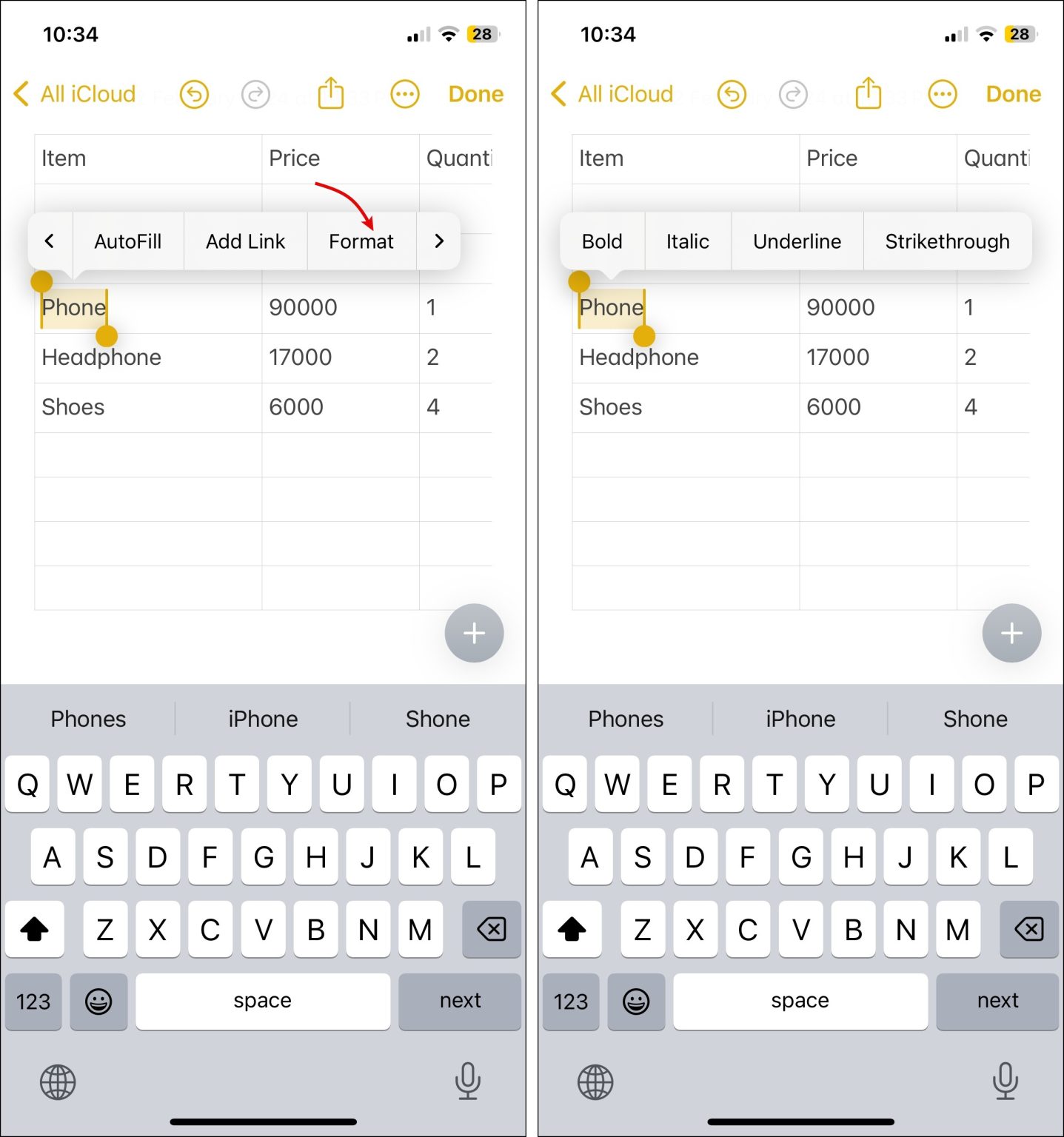 Apple Notes: How to Resize Table Columns or Rows